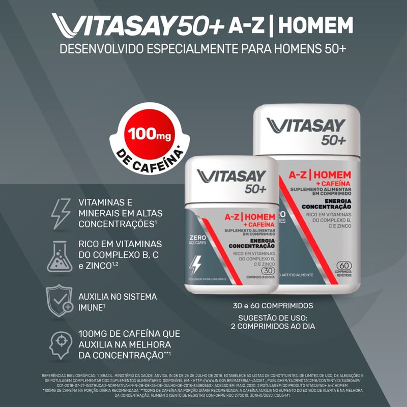 Vitasay 50+ Homem A-Z + Cafeína 30 Comprimidos: Preço