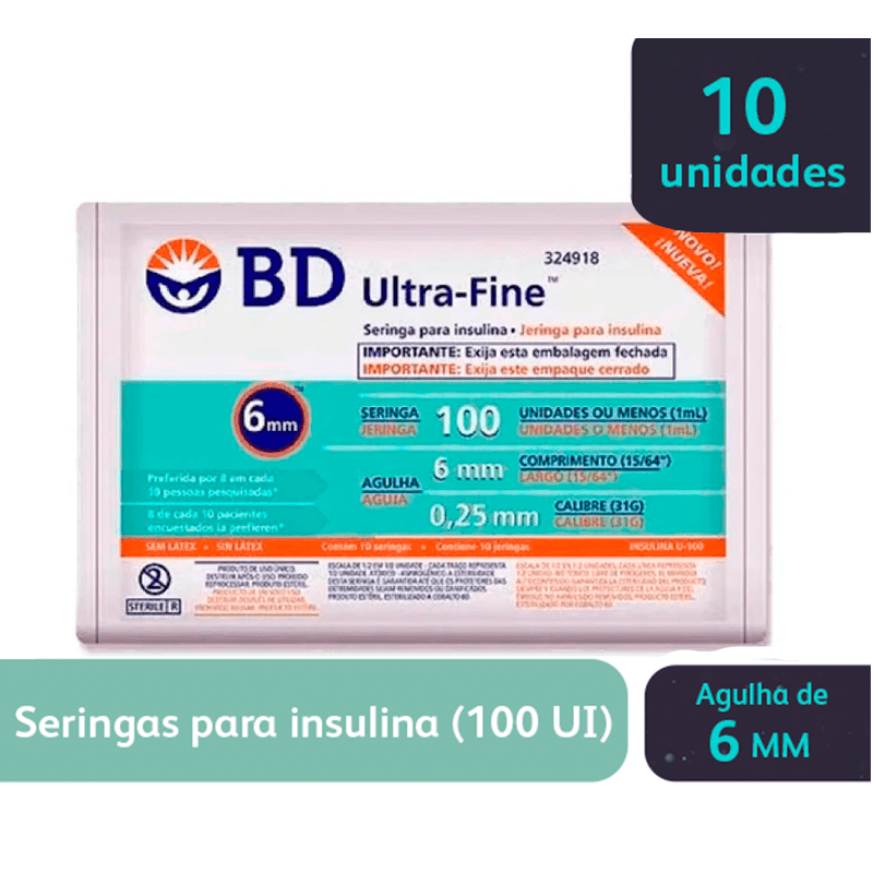 Seringa BD Ultra-Fine 100UI 6mm 0,25mm Insulina 10 Unidades