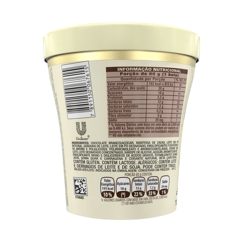 Sorvete Kibon Magnum Branco Pote 440ml | Farmácia Online Drogal