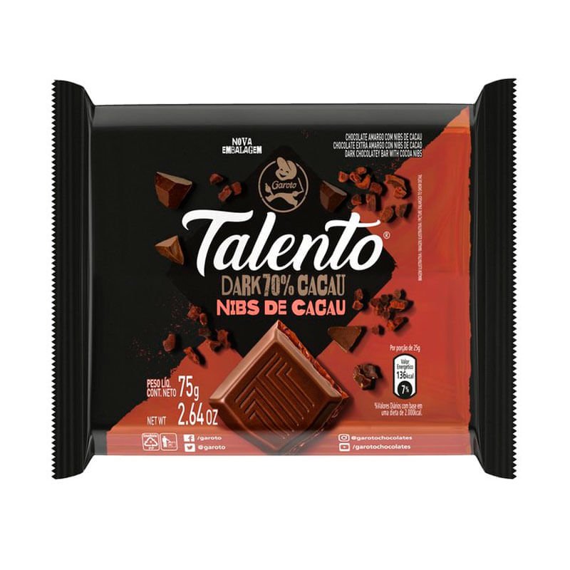 Chocolate Garoto Talento Dark 70% Nibs de Cacau 75g