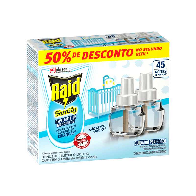 Refil Repelente Elétrico Líquido Raid Family 45 Noites 2 Unidades