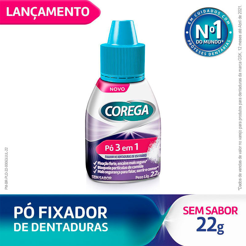 Pó Fixador de Dentadura Corega 3 em 1 Sem Sabor 22g
