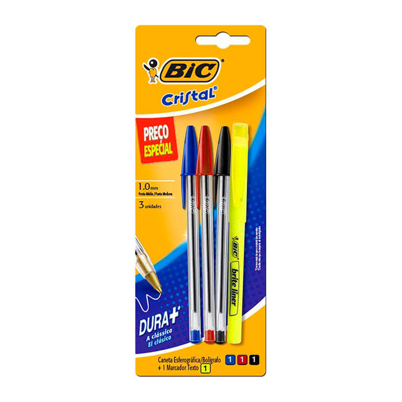 Canetas Bic Cristal Dura + Marca Texto Bic Marking - Na Drogal