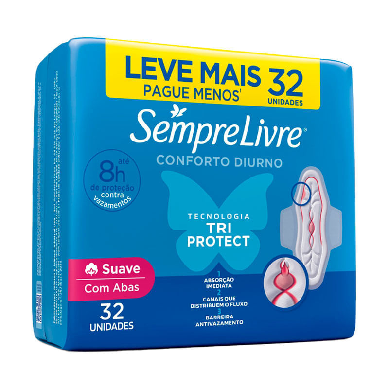 Absorvente SempreLivre Diurno Suave Com Abas 32 Unidades - Drogal